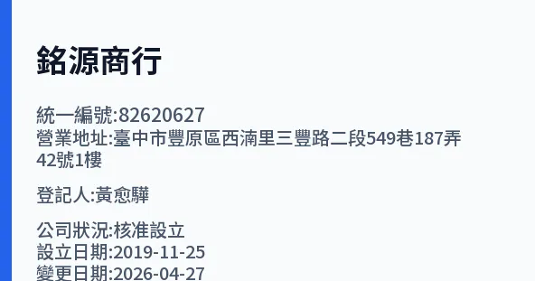 銘源商行的照片-統編 82620627(臺中市) 公司登記資料與營業項目詳細圖表