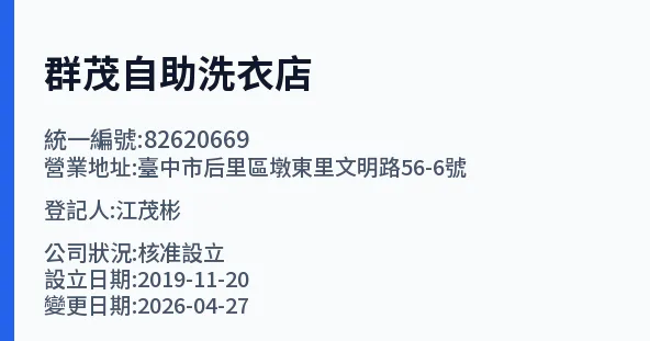 群茂自助洗衣店的照片-統編 82620669(臺中市) 公司登記資料與營業項目詳細圖表