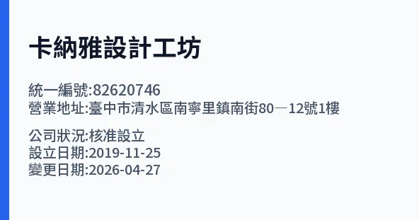 卡納雅設計工坊的照片-統編 82620746(臺中市) 公司登記資料與營業項目詳細圖表