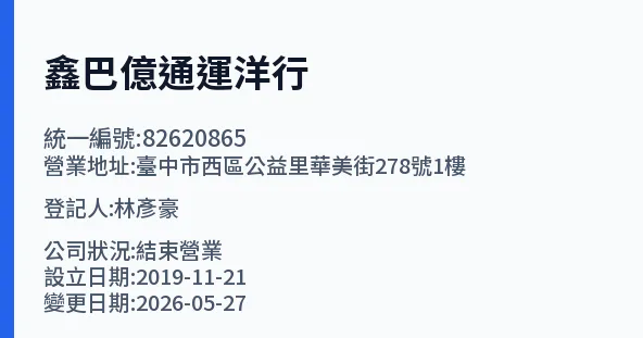 鑫巴億通運洋行的照片-統編 82620865(臺中市) 公司登記資料與營業項目詳細圖表