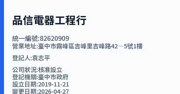 品信電器工程行的照片-統編 82620909(臺中市) 公司登記資料與營業項目詳細圖表