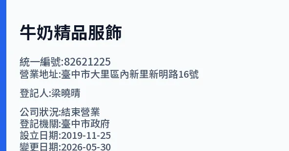 牛奶精品服飾的照片-統編 82621225(臺中市) 公司登記資料與營業項目詳細圖表