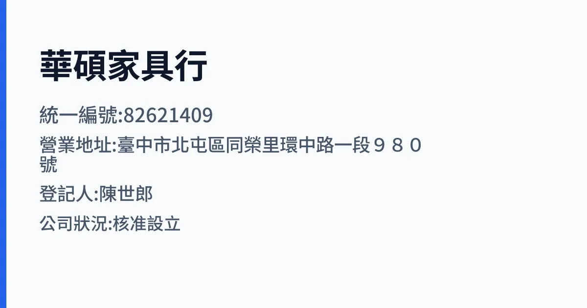 華碩家具行 - 統編 82621409(臺中市) 公司登記資料與營業項目詳細圖表