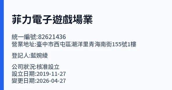 菲力電子遊戲場業的照片-統編 82621436(臺中市) 公司登記資料與營業項目詳細圖表