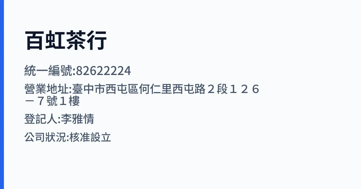 百虹茶行 - 統編 82622224(臺中市) 公司登記資料與營業項目詳細圖表