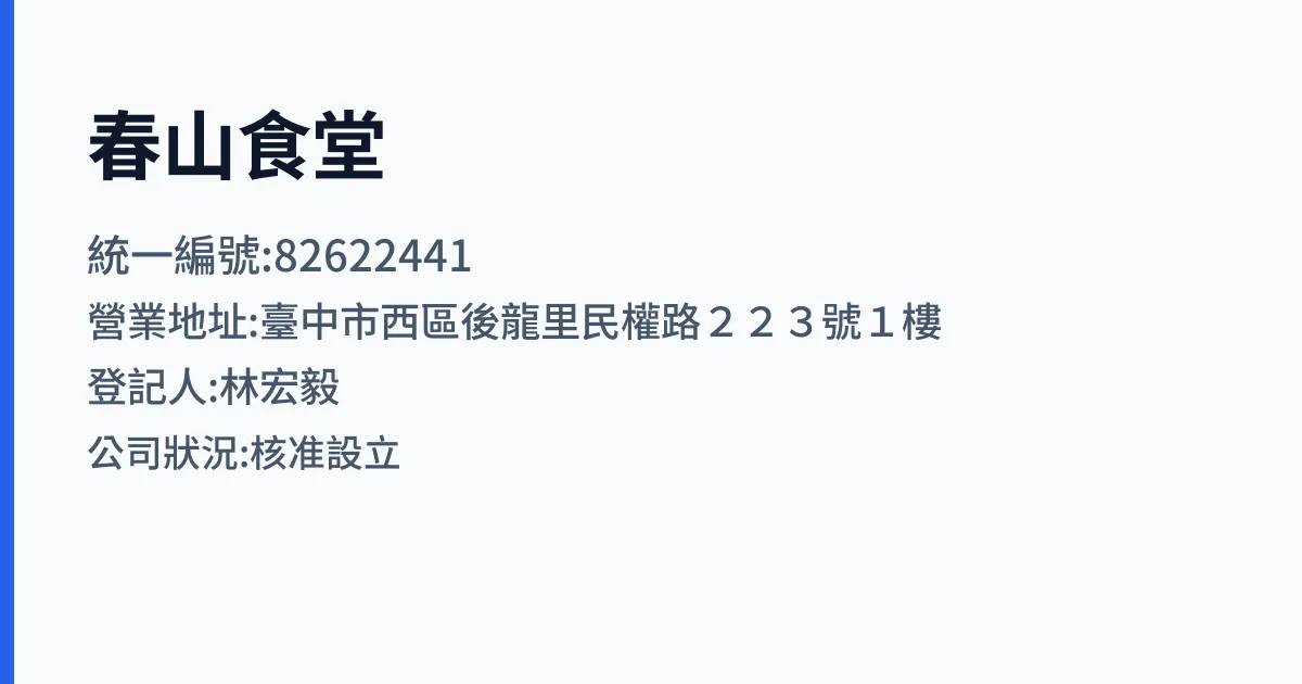 春山食堂 - 統編 82622441(臺中市) 公司登記資料與營業項目詳細圖表