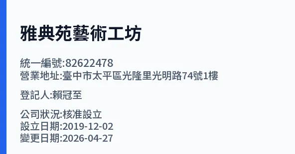 雅典苑藝術工坊的照片-統編 82622478(臺中市) 公司登記資料與營業項目詳細圖表