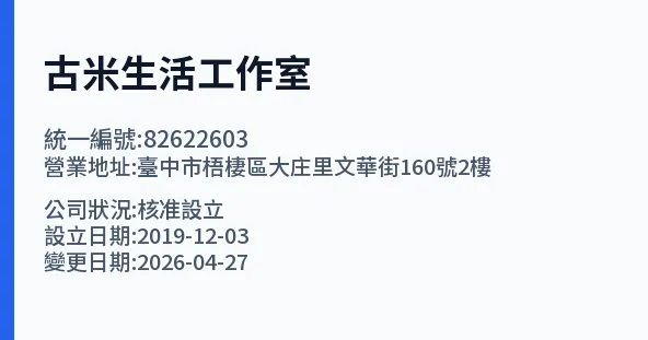 古米生活工作室的照片-統編 82622603(臺中市) 公司登記資料與營業項目詳細圖表