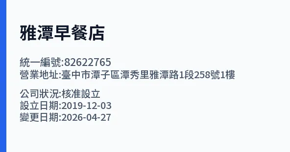 雅潭早餐店的照片-統編 82622765(臺中市) 公司登記資料與營業項目詳細圖表