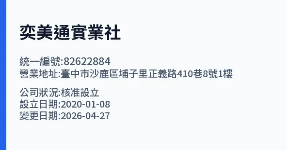 奕美通實業社的照片-統編 82622884(臺中市) 公司登記資料與營業項目詳細圖表
