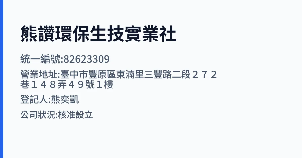 熊讚環保生技實業社 - 統編 82623309(臺中市) 公司登記資料與營業項目詳細圖表