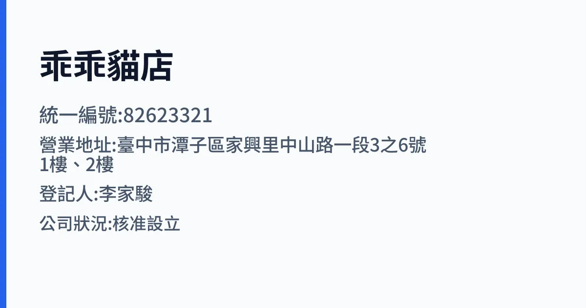 乖乖貓店 - 統編 82623321(臺中市) 公司登記資料與營業項目詳細圖表