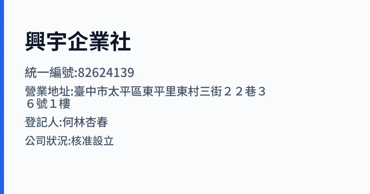 興宇企業社 - 統編 82624139（臺中市） 公司登記資料與營業項目詳細圖表