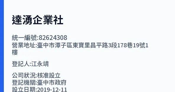 達湧企業社的照片-統編 82624308(臺中市) 公司登記資料與營業項目詳細圖表