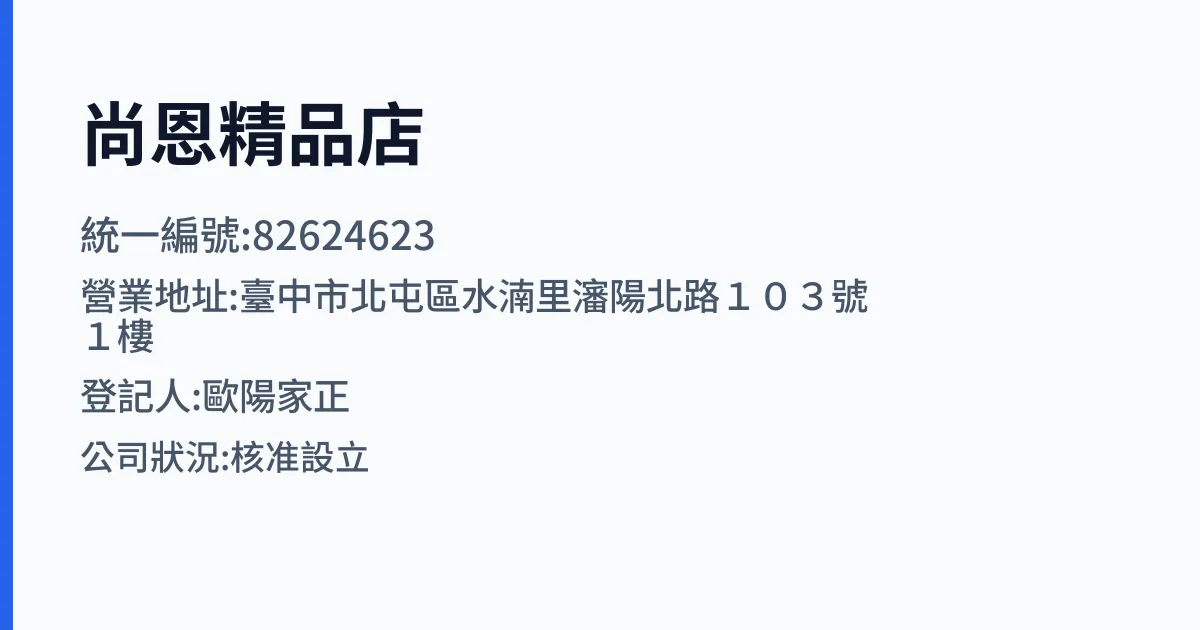 尚恩精品店 - 統編 82624623(臺中市) 公司登記資料與營業項目詳細圖表