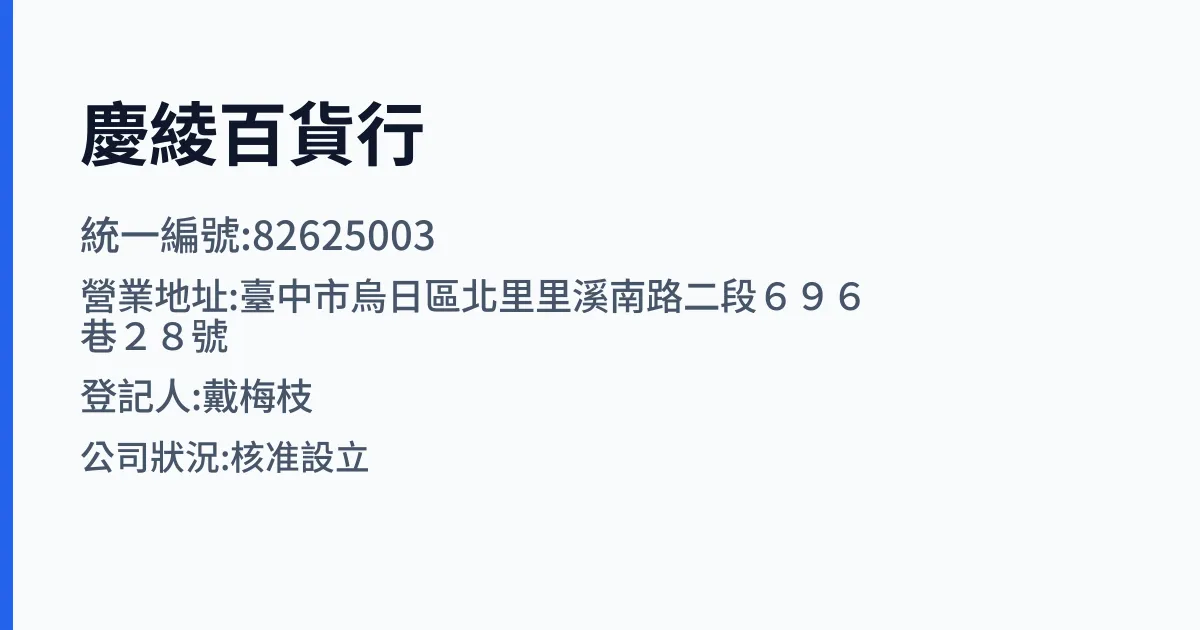 慶綾百貨行 - 統編 82625003（臺中市） 公司登記資料與營業項目詳細圖表