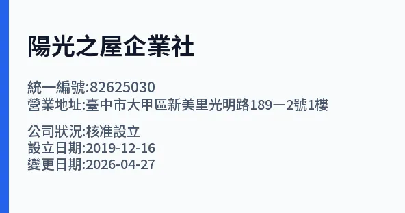 陽光之屋企業社的照片-統編 82625030(臺中市) 公司登記資料與營業項目詳細圖表