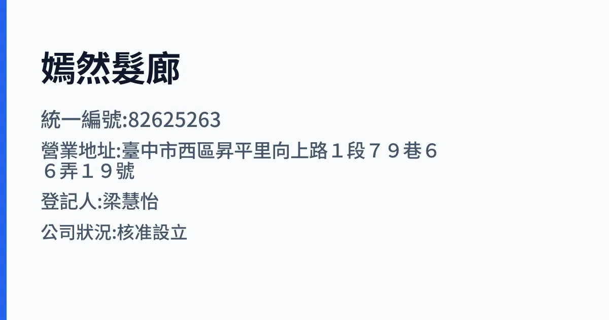 嫣然髮廊 - 統編 82625263(臺中市) 公司登記資料與營業項目詳細圖表