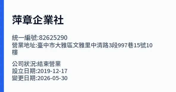 萍章企業社的照片-統編 82625290(臺中市) 公司登記資料與營業項目詳細圖表