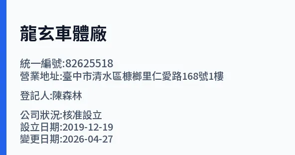 龍玄車體廠的照片-統編 82625518(臺中市) 公司登記資料與營業項目詳細圖表