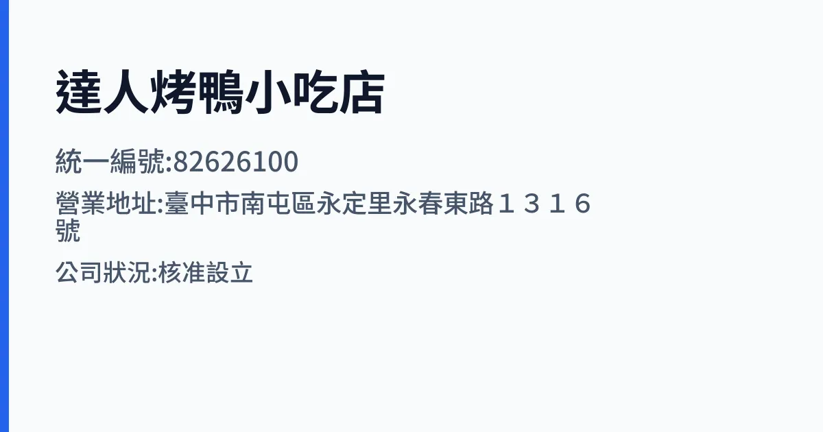 達人烤鴨小吃店 - 統編 82626100(臺中市) 公司登記資料與營業項目詳細圖表