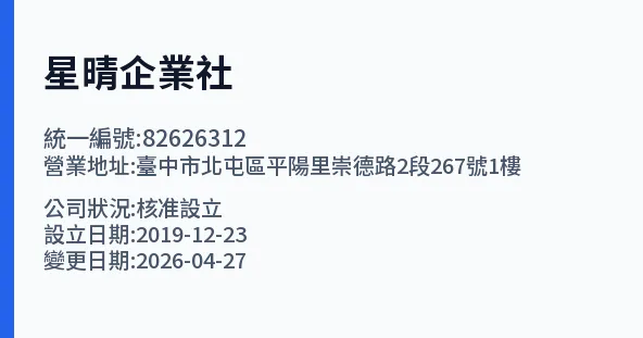 星晴企業社的照片-統編 82626312(臺中市) 公司登記資料與營業項目詳細圖表
