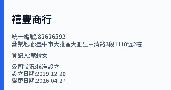 禧豐商行的照片-統編 82626592(臺中市) 公司登記資料與營業項目詳細圖表