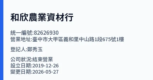 和欣農業資材行的照片-統編 82626930(臺中市) 公司登記資料與營業項目詳細圖表