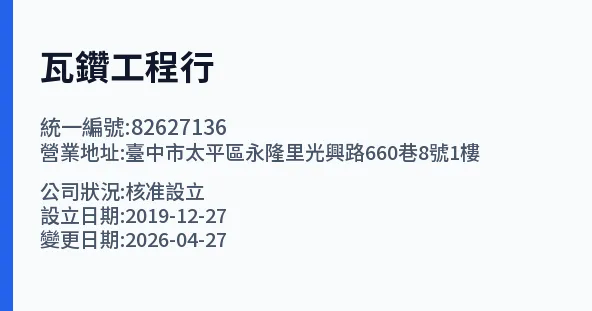 瓦鑽工程行的照片-統編 82627136(臺中市) 公司登記資料與營業項目詳細圖表