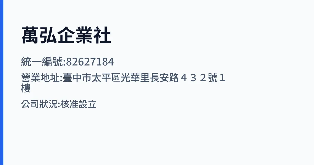 萬弘企業社 - 統編 82627184(臺中市) 公司登記資料與營業項目詳細圖表