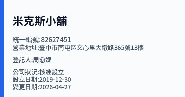 米克斯小舖的照片-統編 82627451(臺中市) 公司登記資料與營業項目詳細圖表