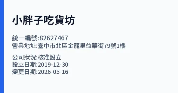 小胖子吃貨坊的照片-統編 82627467(臺中市) 公司登記資料與營業項目詳細圖表