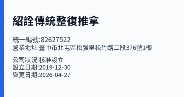 紹詮傳統整復推拿的照片-統編 82627522(臺中市) 公司登記資料與營業項目詳細圖表