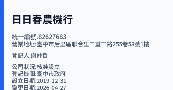 日日春農機行的照片-統編 82627683(臺中市) 公司登記資料與營業項目詳細圖表