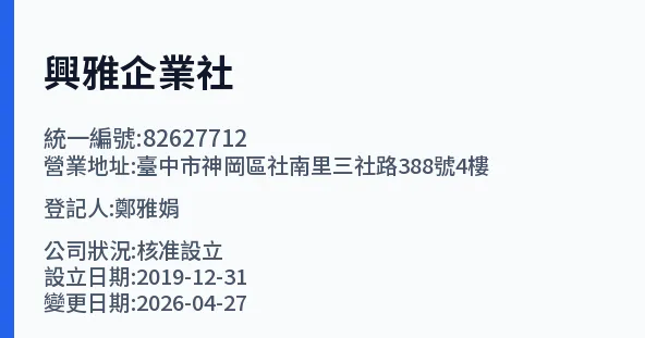 興雅企業社的照片-統編 82627712(臺中市) 公司登記資料與營業項目詳細圖表