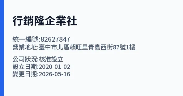 行銷隆企業社的照片-統編 82627847(臺中市) 公司登記資料與營業項目詳細圖表