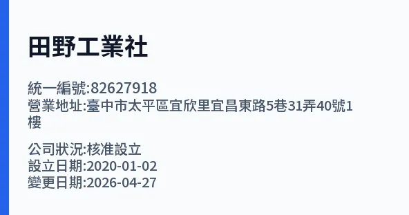 田野工業社的照片-統編 82627918(臺中市) 公司登記資料與營業項目詳細圖表