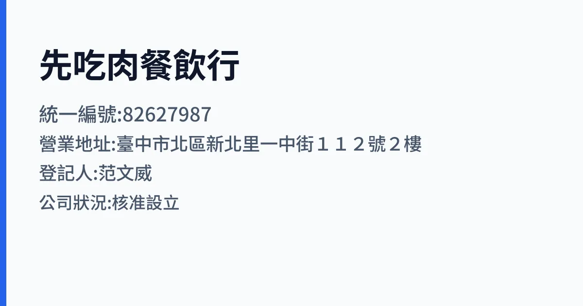 先吃肉餐飲行 - 統編 82627987(臺中市) 公司登記資料與營業項目詳細圖表