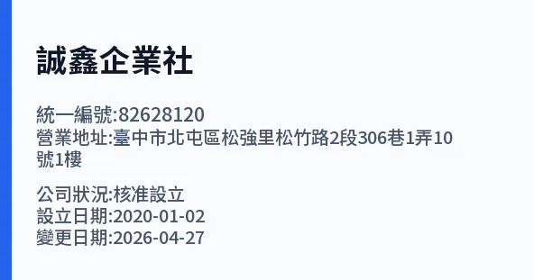 誠鑫企業社的照片-統編 82628120(臺中市) 公司登記資料與營業項目詳細圖表