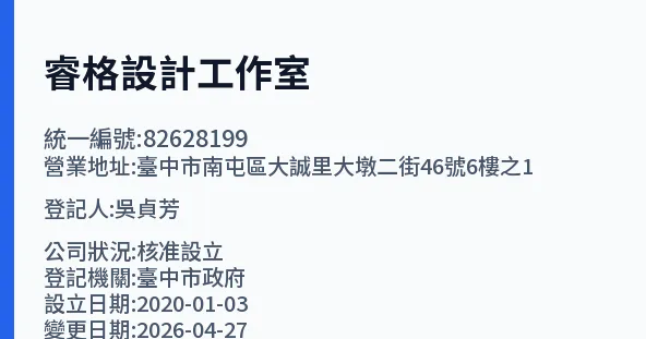 睿格設計工作室的照片-統編 82628199(臺中市) 公司登記資料與營業項目詳細圖表