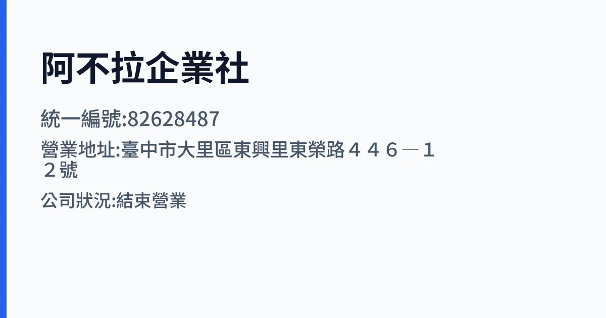阿不拉企業社 - 統編 82628487（臺中市） 公司登記資料與營業項目詳細圖表