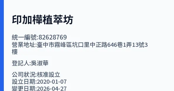 印加樺植萃坊的照片-統編 82628769(臺中市) 公司登記資料與營業項目詳細圖表