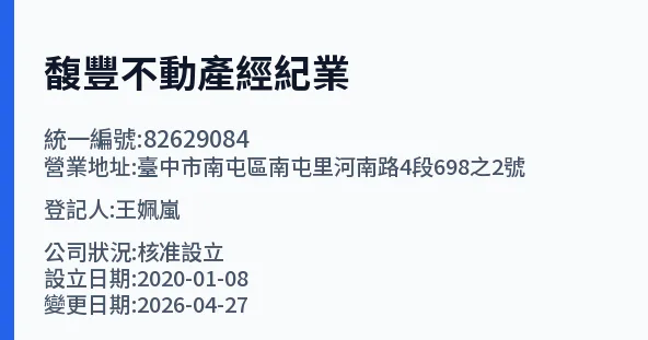 馥豐不動產經紀業的照片-統編 82629084(臺中市) 公司登記資料與營業項目詳細圖表