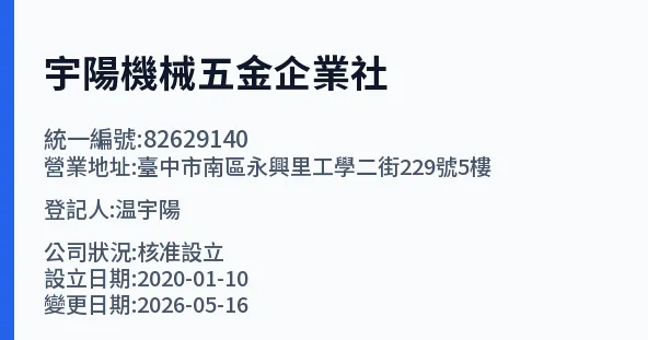 宇陽機械五金企業社的照片-統編 82629140(臺中市) 公司登記資料與營業項目詳細圖表