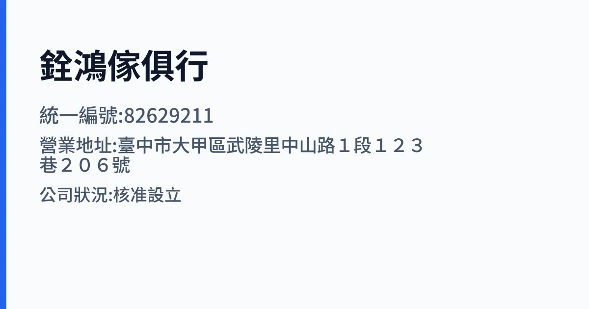 銓鴻傢俱行 - 統編 82629211(臺中市) 公司登記資料與營業項目詳細圖表