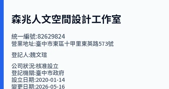 森兆人文空間設計工作室的照片-統編 82629824(臺中市) 公司登記資料與營業項目詳細圖表