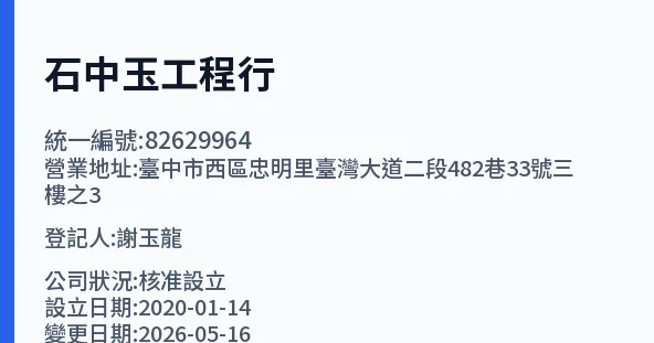 石中玉工程行的照片-統編 82629964(臺中市) 公司登記資料與營業項目詳細圖表