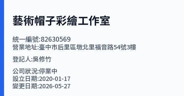 藝術帽子彩繪工作室的照片-統編 82630569(臺中市) 公司登記資料與營業項目詳細圖表