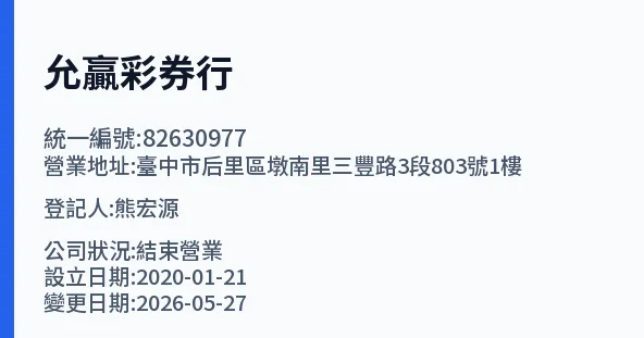 允贏彩券行的照片-統編 82630977(臺中市) 公司登記資料與營業項目詳細圖表
