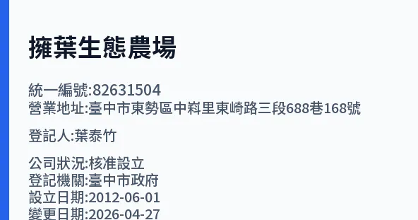 擁葉生態農場的照片-統編 82631504(臺中市) 公司登記資料與營業項目詳細圖表